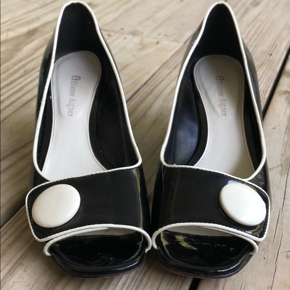 Etienne Aigner | Shoes | Etienne Aigner Pinup Black White Button Wedges ...